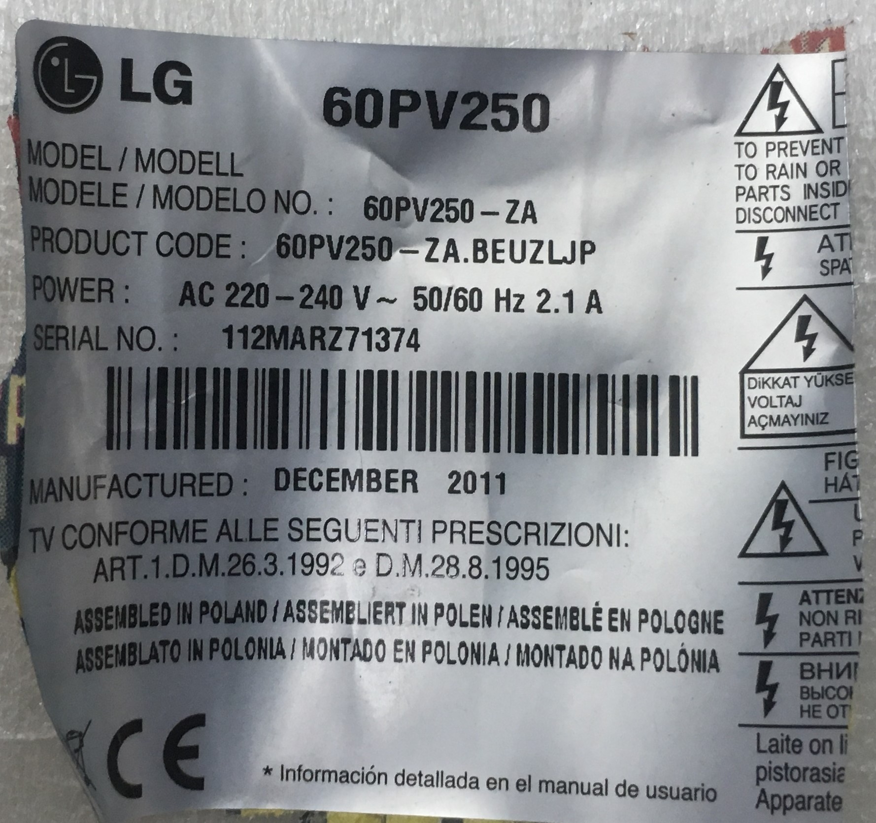 EBR7387101 60PV250-ZA LG – Tv Uydu Servisi – Elektronik Servis ...